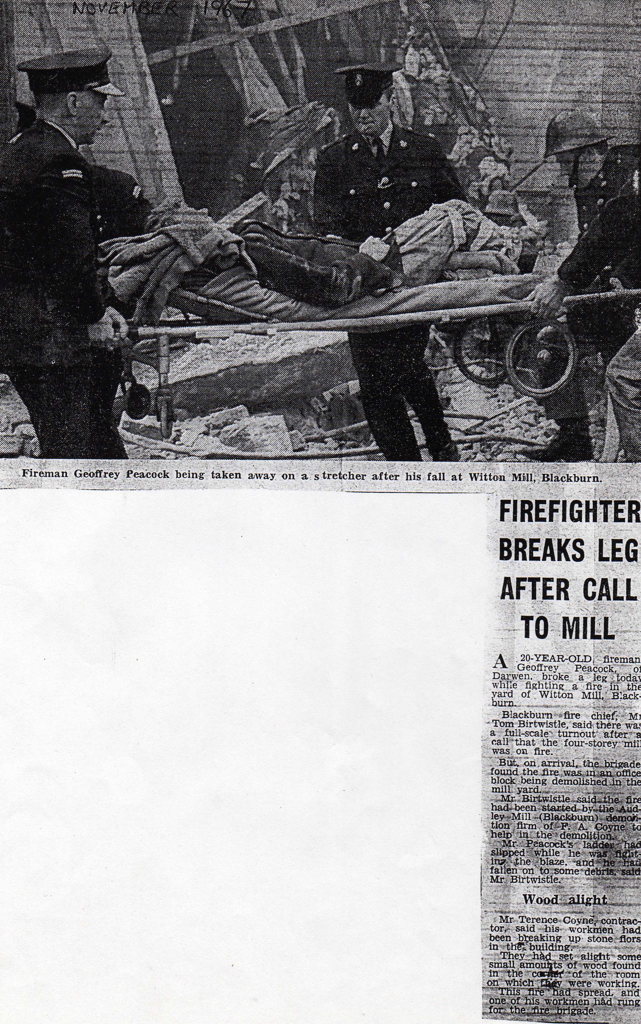 1960s Fireman breaks leg fighting mill fire | | Blackburn Fire History