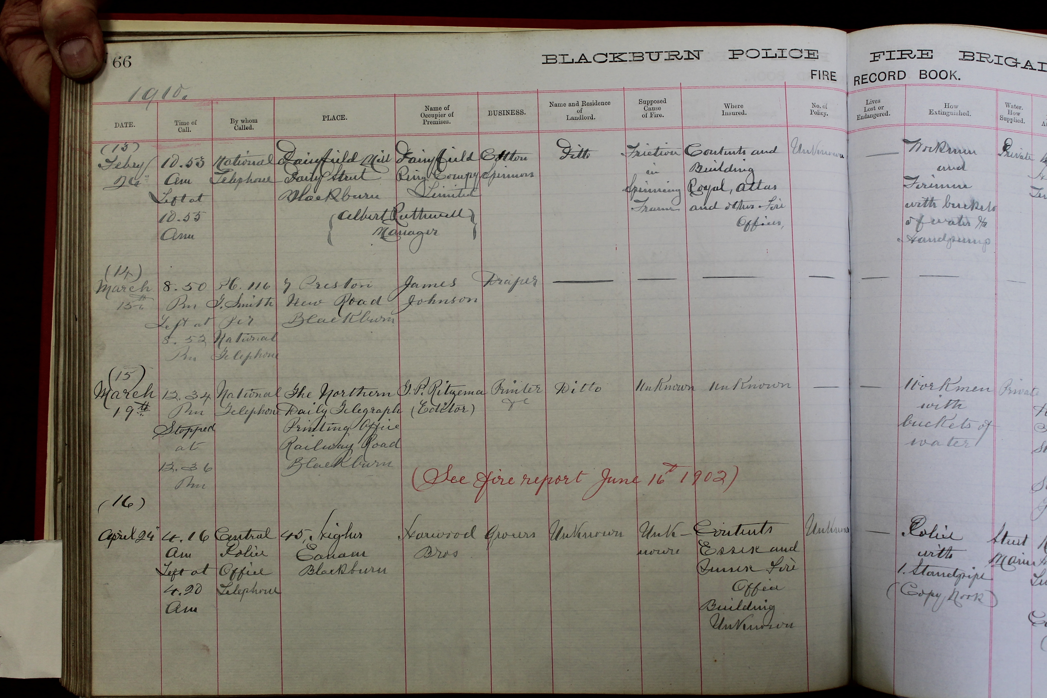 Fire Record Book 1905-1913 (A Sample) | | Blackburn Fire History
