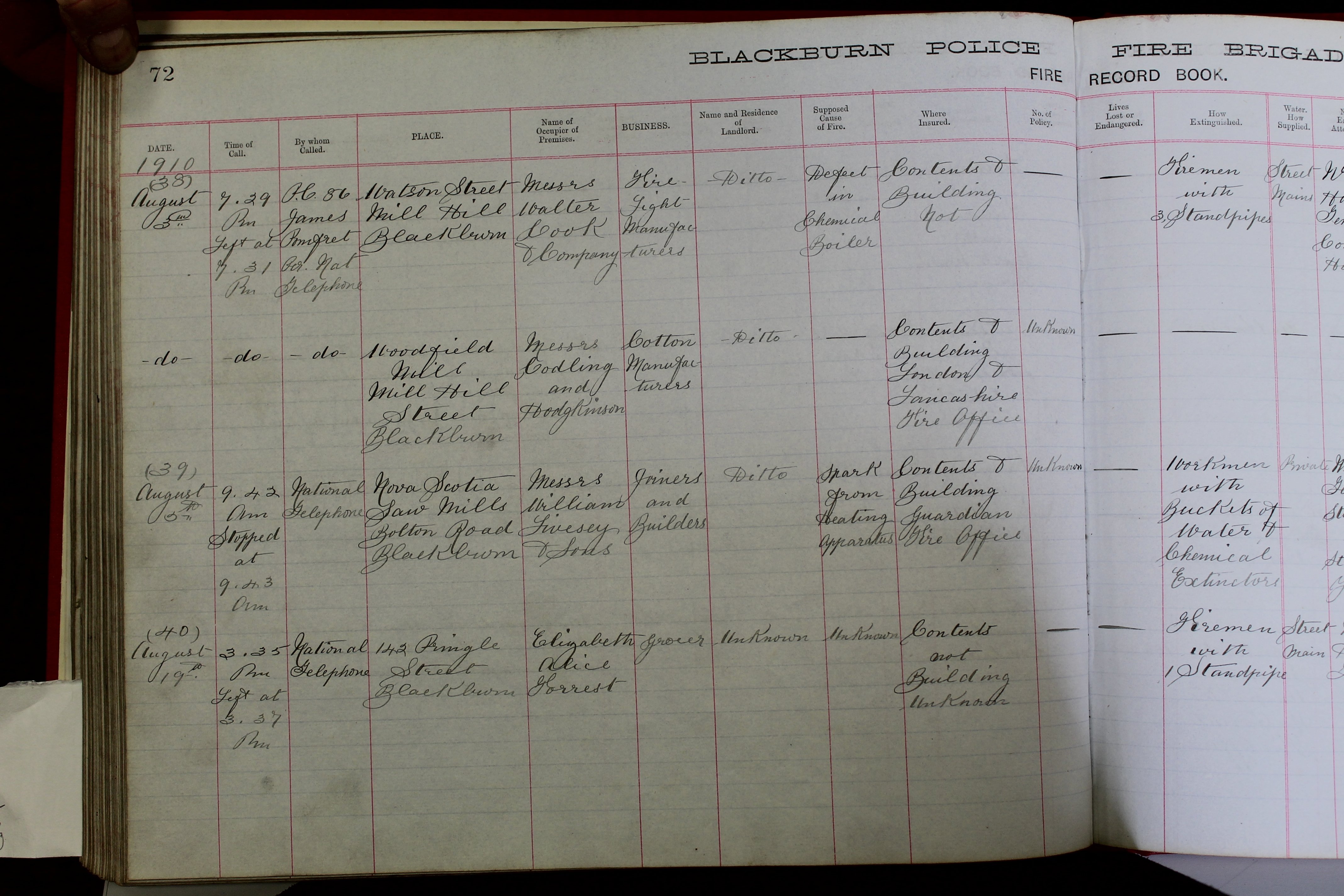 Fire Record Book 1905-1913 (A Sample) | | Blackburn Fire History