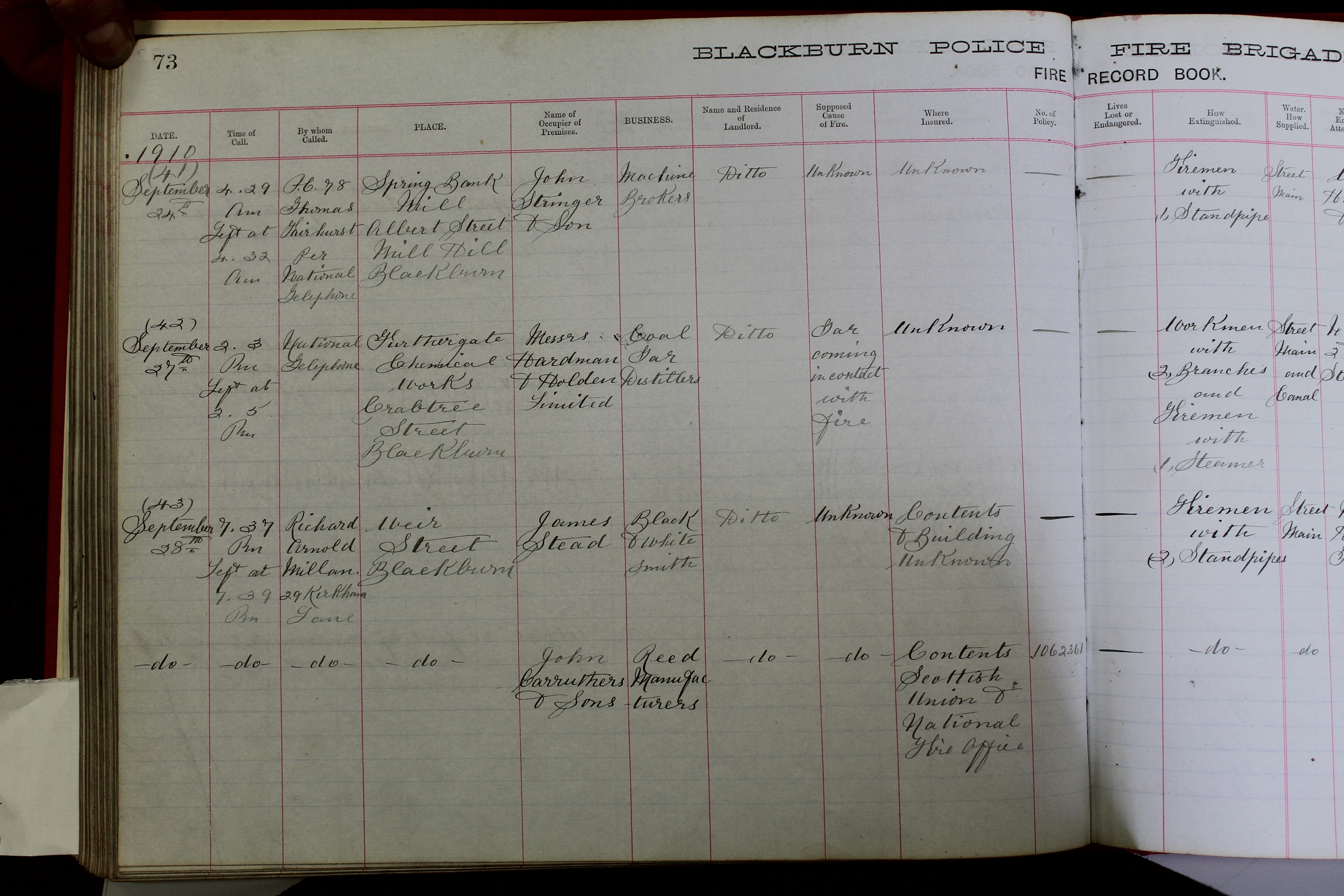 Fire Record Book 1905-1913 (A Sample) | | Blackburn Fire History