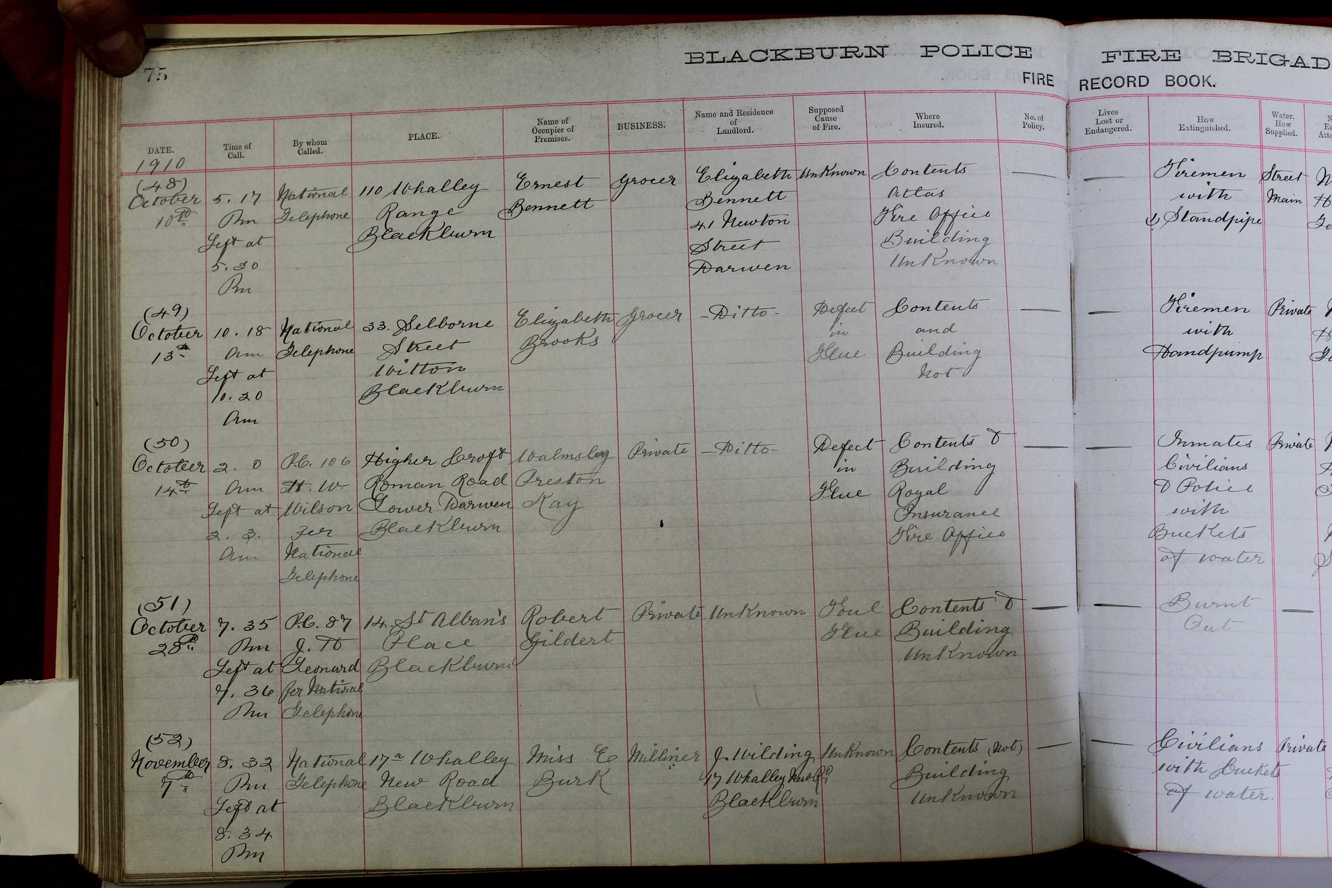 Fire Record Book 1905-1913 (A Sample) | | Blackburn Fire History