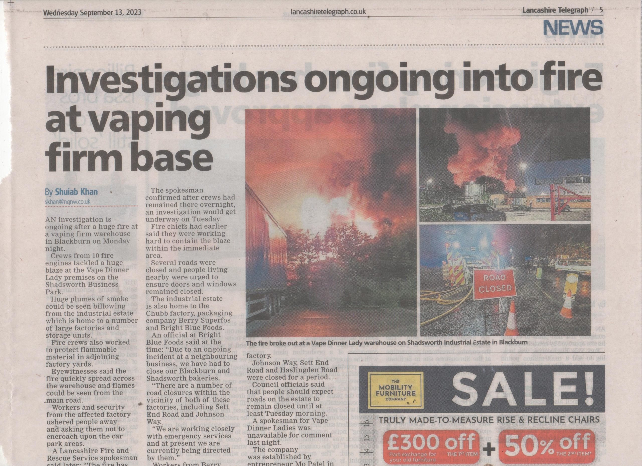 Vape dinner ladies fire shadsworth industrial park 11th september 2023 ...